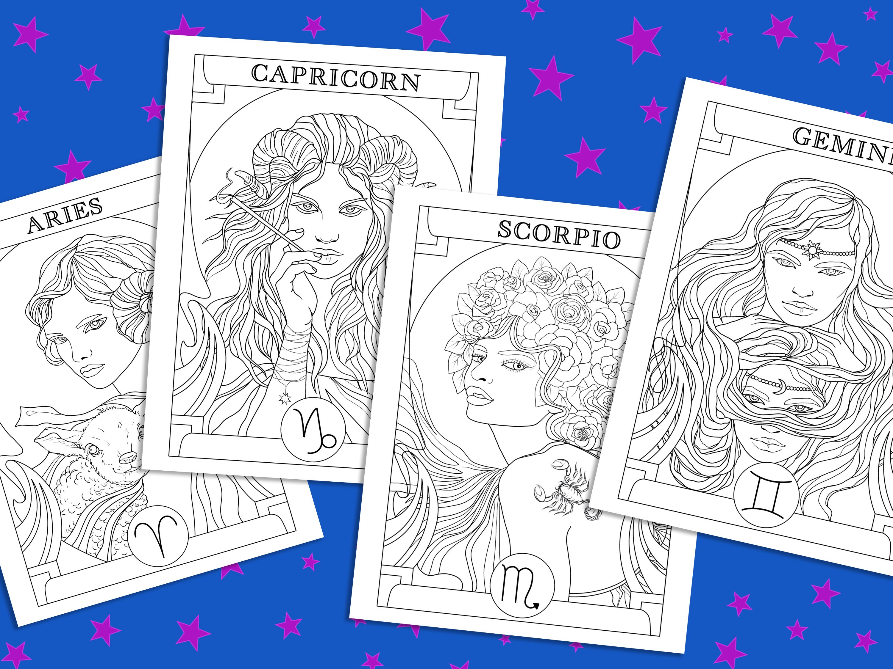 Color Your Own Zodiac Signs 12 Printable Handmade Drawings Coloring ...