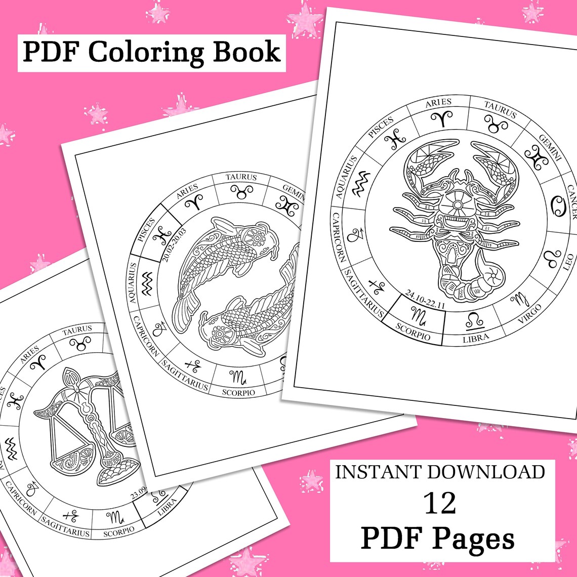 Color Your Own Zodiac Signs 12 Printable Handmade Drawings Coloring ...
