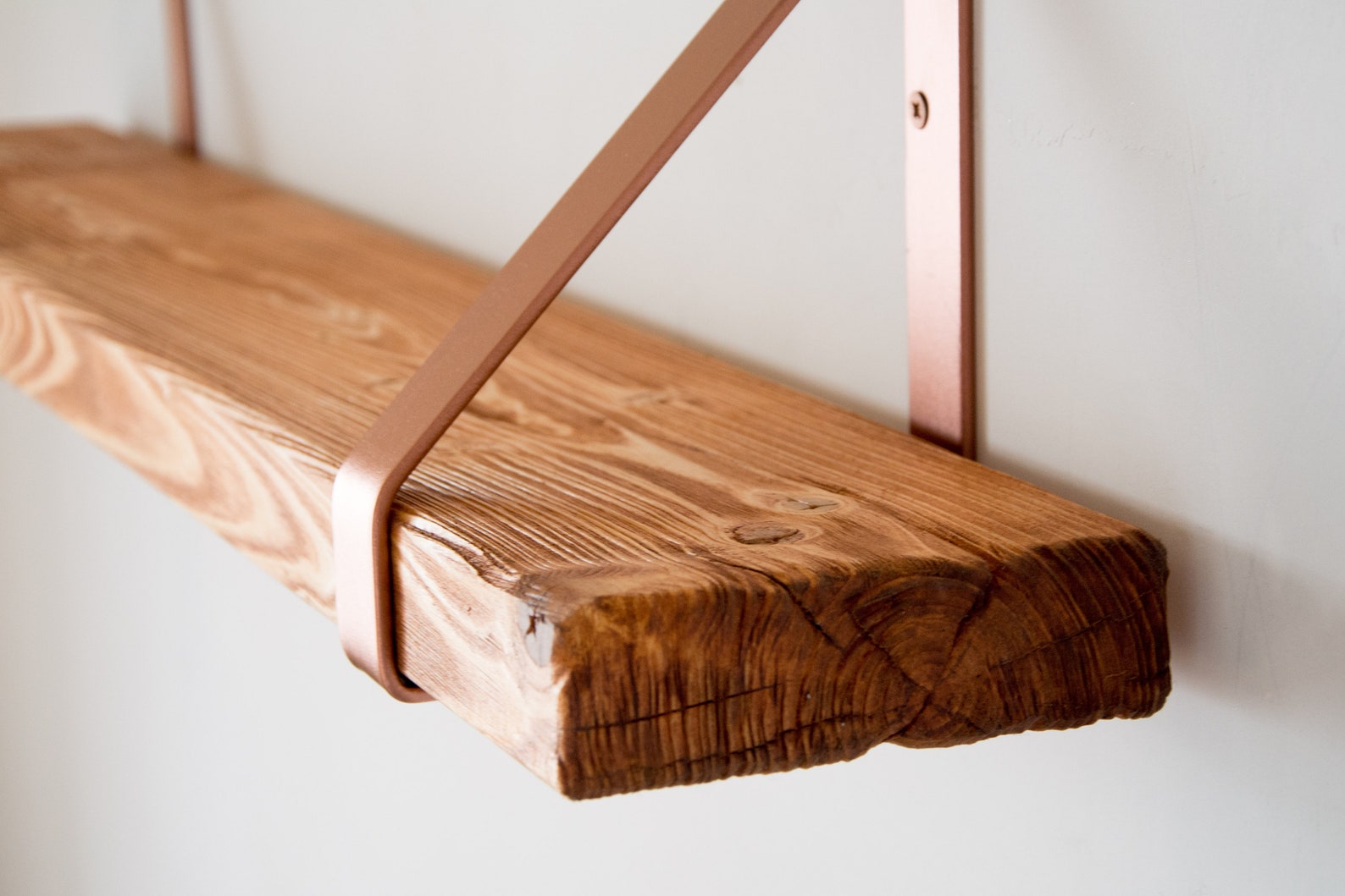 Teak Rustic Chunky Solid Wooden Wall Shelf With Copper | Etsy