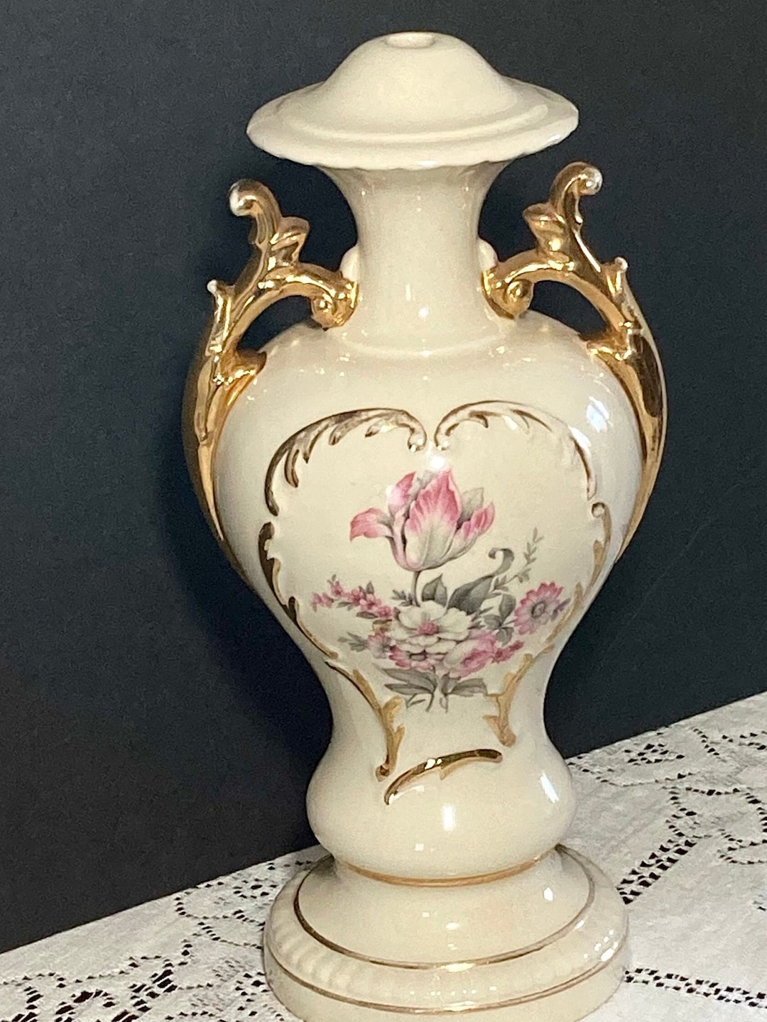 Vintage Floral Ceramic Lamp Base: Pink & Gray Cartouche, Gilded Trim - Etsy