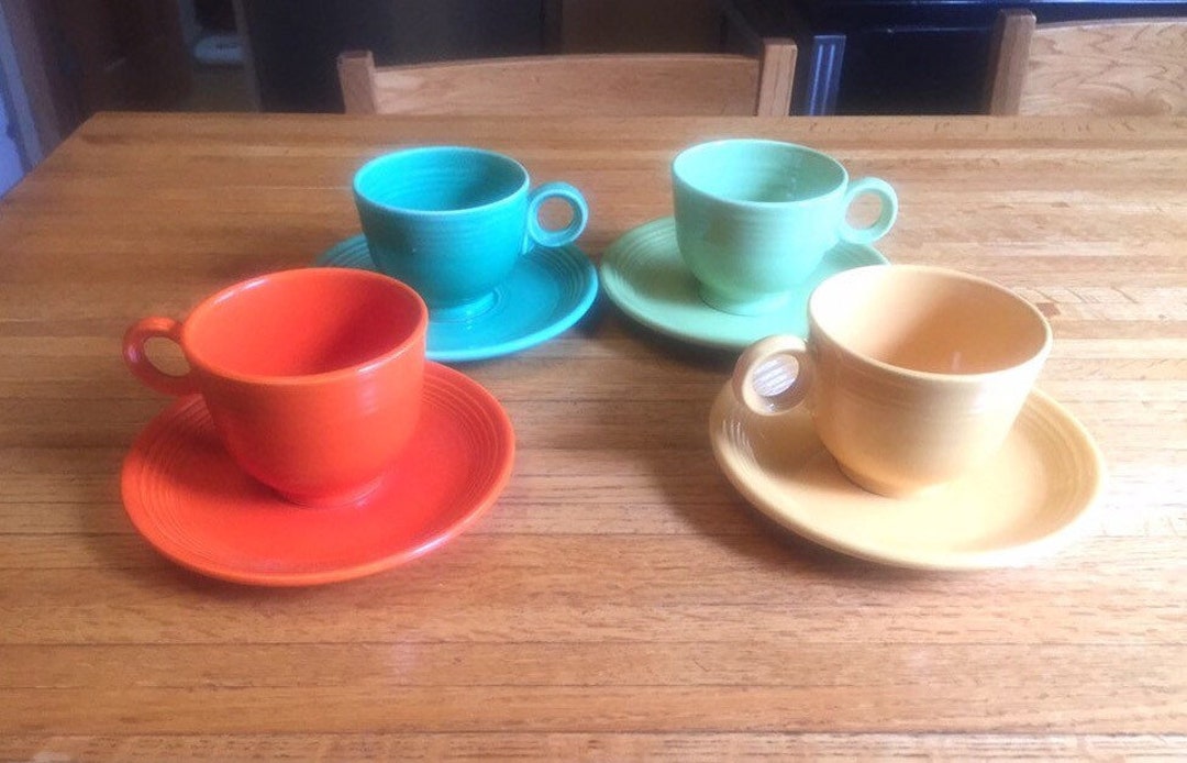 Old Authentic 1940's Fiestaware Cups & Saucers Orange Green Turquoise ...