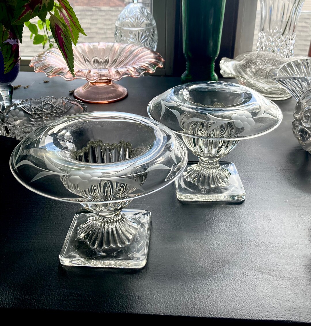 Crystal Compote Pair Etched Flowers Rolled Rim Pedestal Base Vintage ...