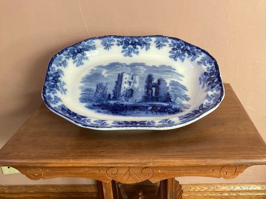 Huge Copeland Spode England Platter Cobalt Blue White Large Footed Meat ...