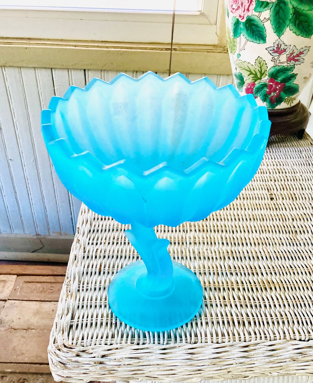 Beautiful Frosted Blue Compote Indiana Glass Company Lotus Vintage ...