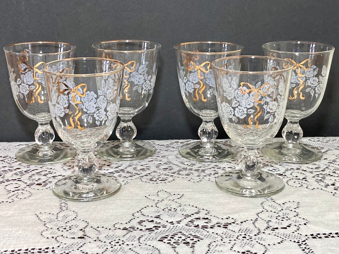 Bridal Libbey 1960’s Water Wine Goblets Glasses Stemmed White Roses ...