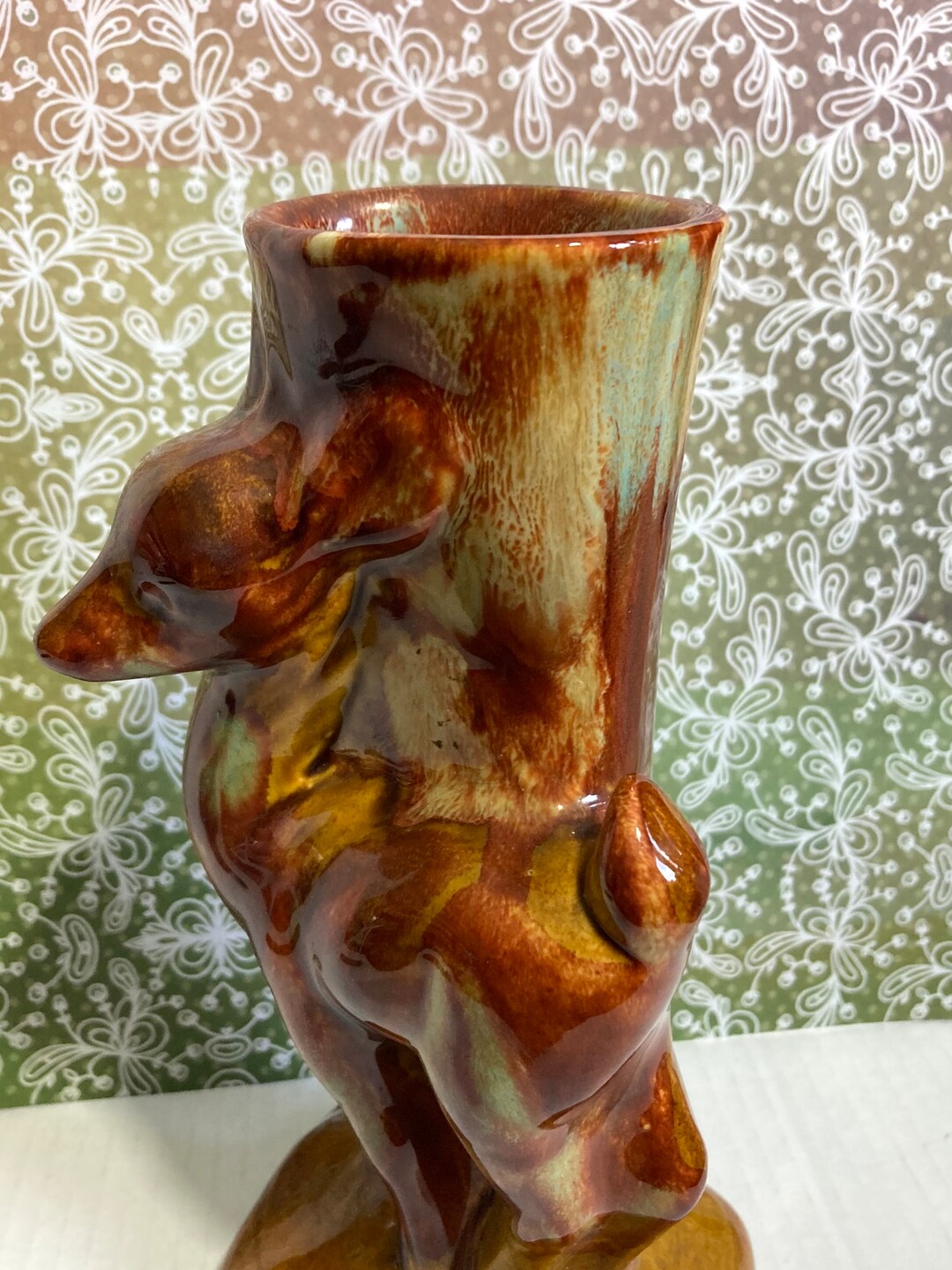 Dryden Pottery Deer Fawn Vase Signed Figurine Hollow Tree Shiny Glaze ...