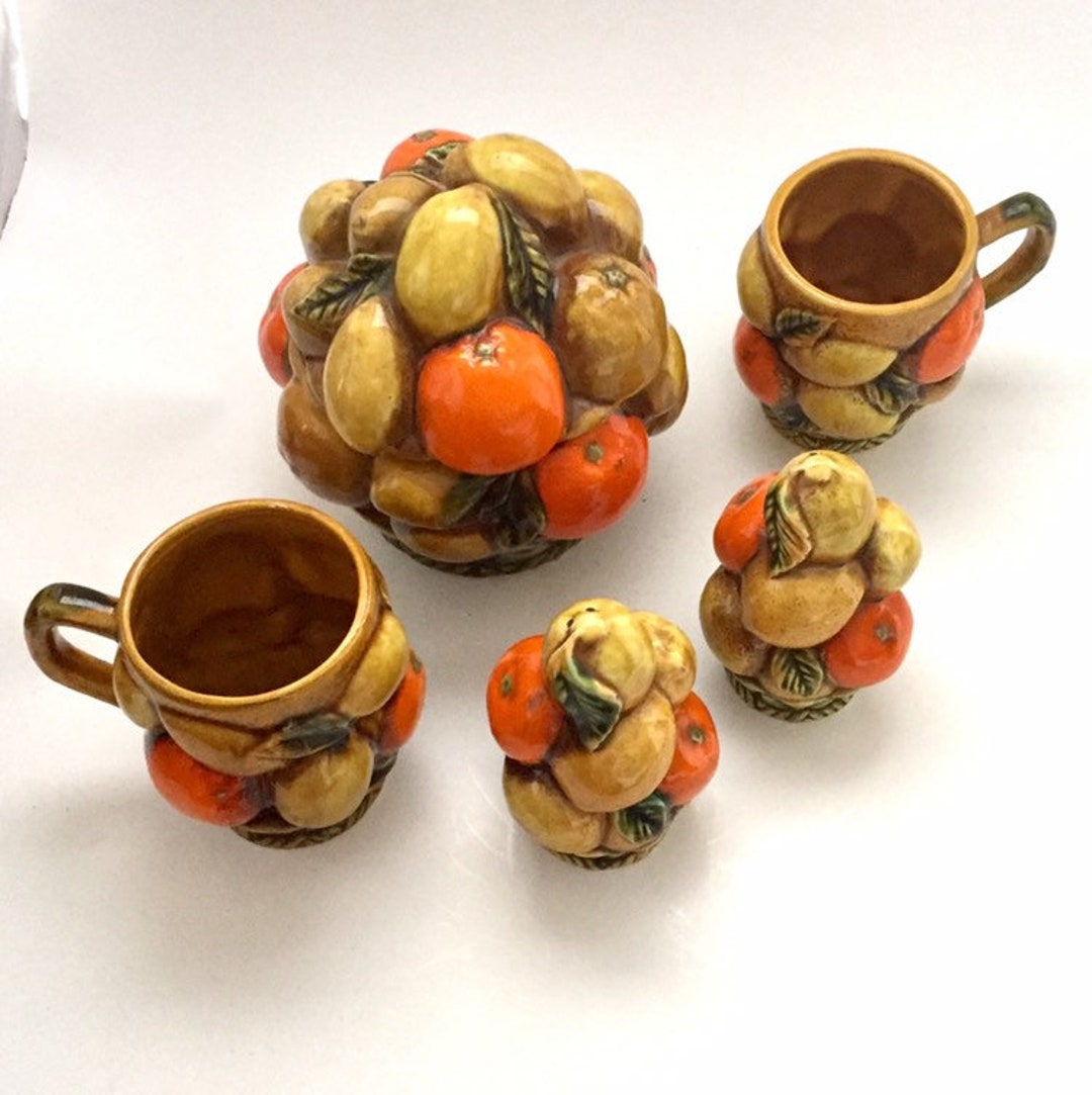 Retro Inarco Japan Pottery Set: Fruit Basket Jar, Mugs, Salt & Pepper ...