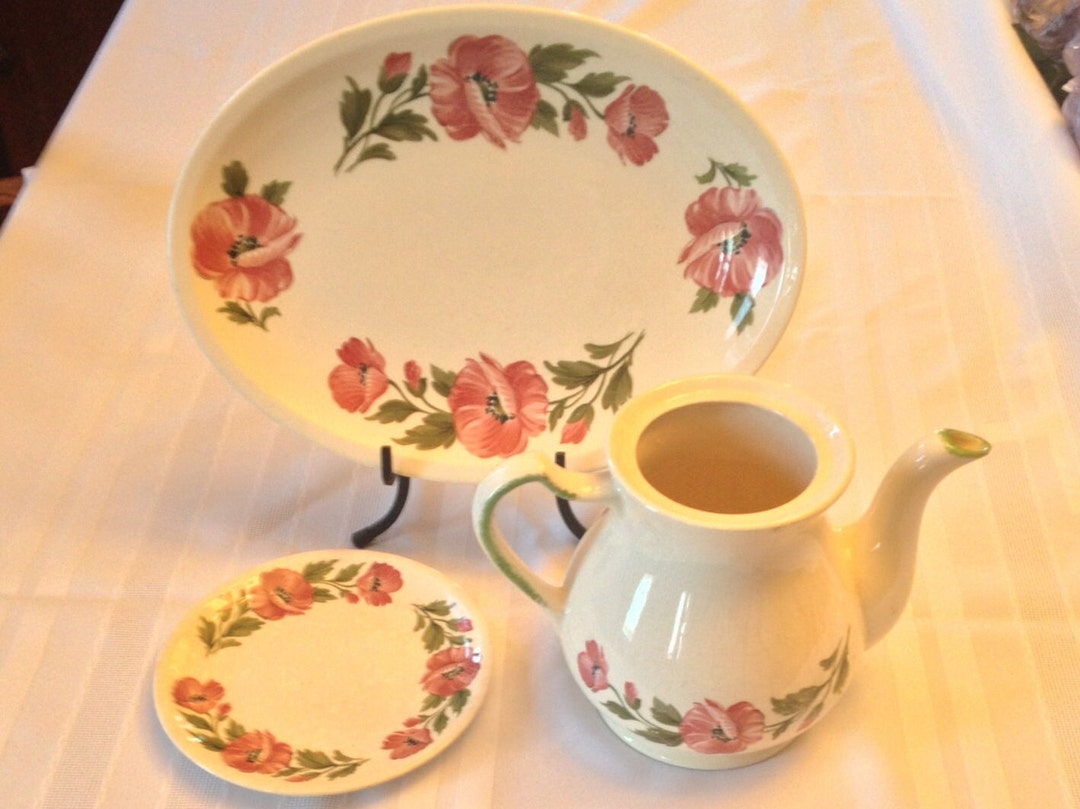 Shenandoah Ware Serving Pottery 3 Pc Under Glaze USA Pottery Red Poppy ...