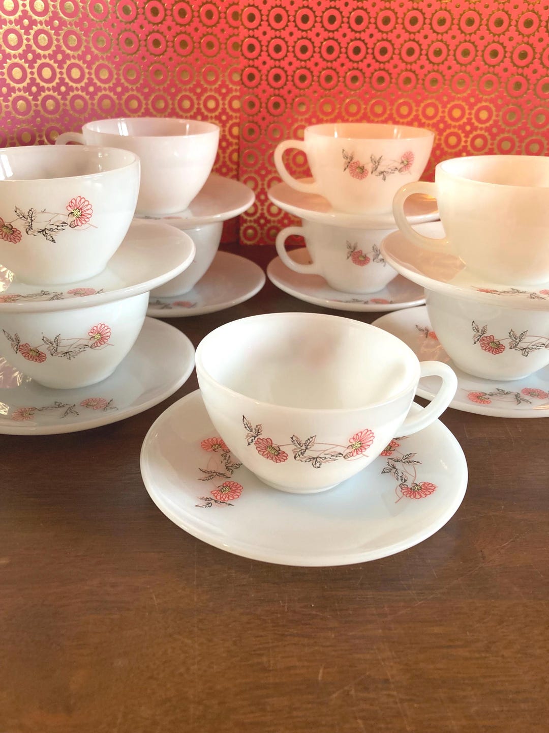 Vintage Fire King Cup & Saucer Ovenware White Milkglass Pink Floral ...