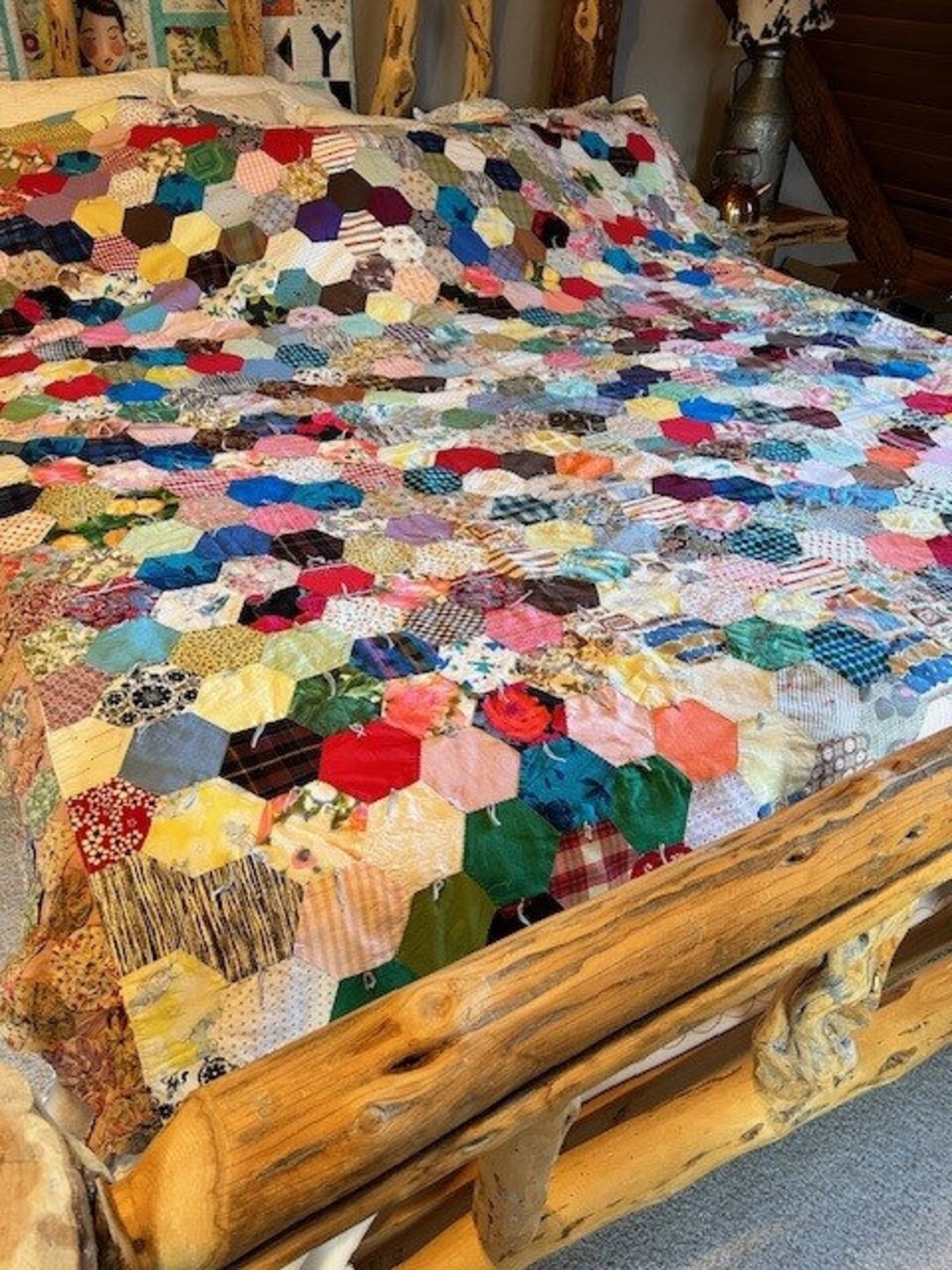 Hexagon Handmade Quilt - Hand Tied, Feedsack Fabrics - Etsy