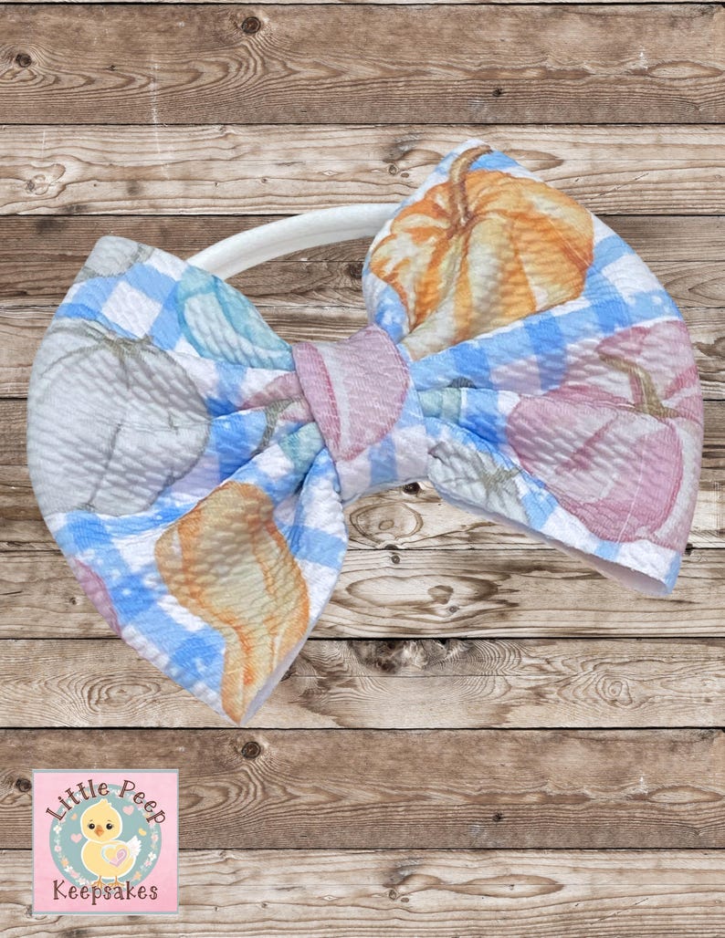 Fall Pumpkin Baby Bow – 5 Inch Liverpool Fabric Hair Bow, Blue Gingham ...