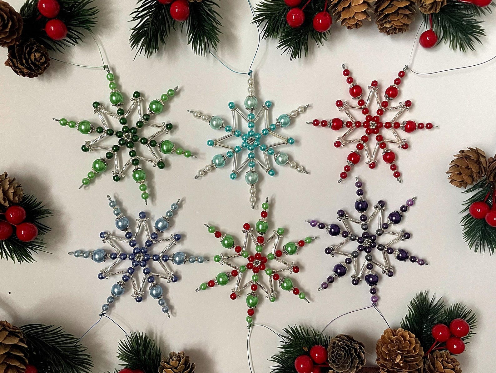 Wire Snowflake Christmas Tree Decoration, Small Handmade Xmas Beaded ...