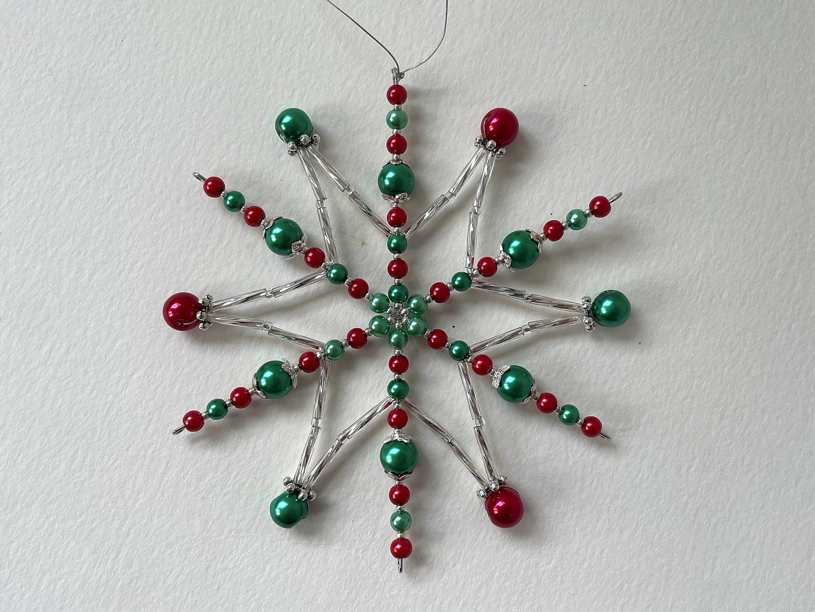Wire Snowflake Christmas Tree Decoration, Handmade Silver Xmas Beaded ...