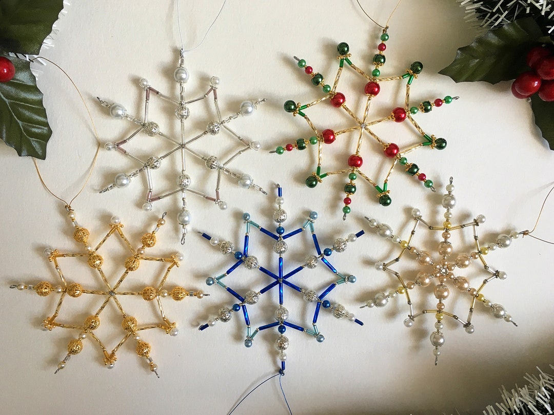 Wire Snowflake Christmas Tree Decoration, Medium Handmade Xmas Beaded ...
