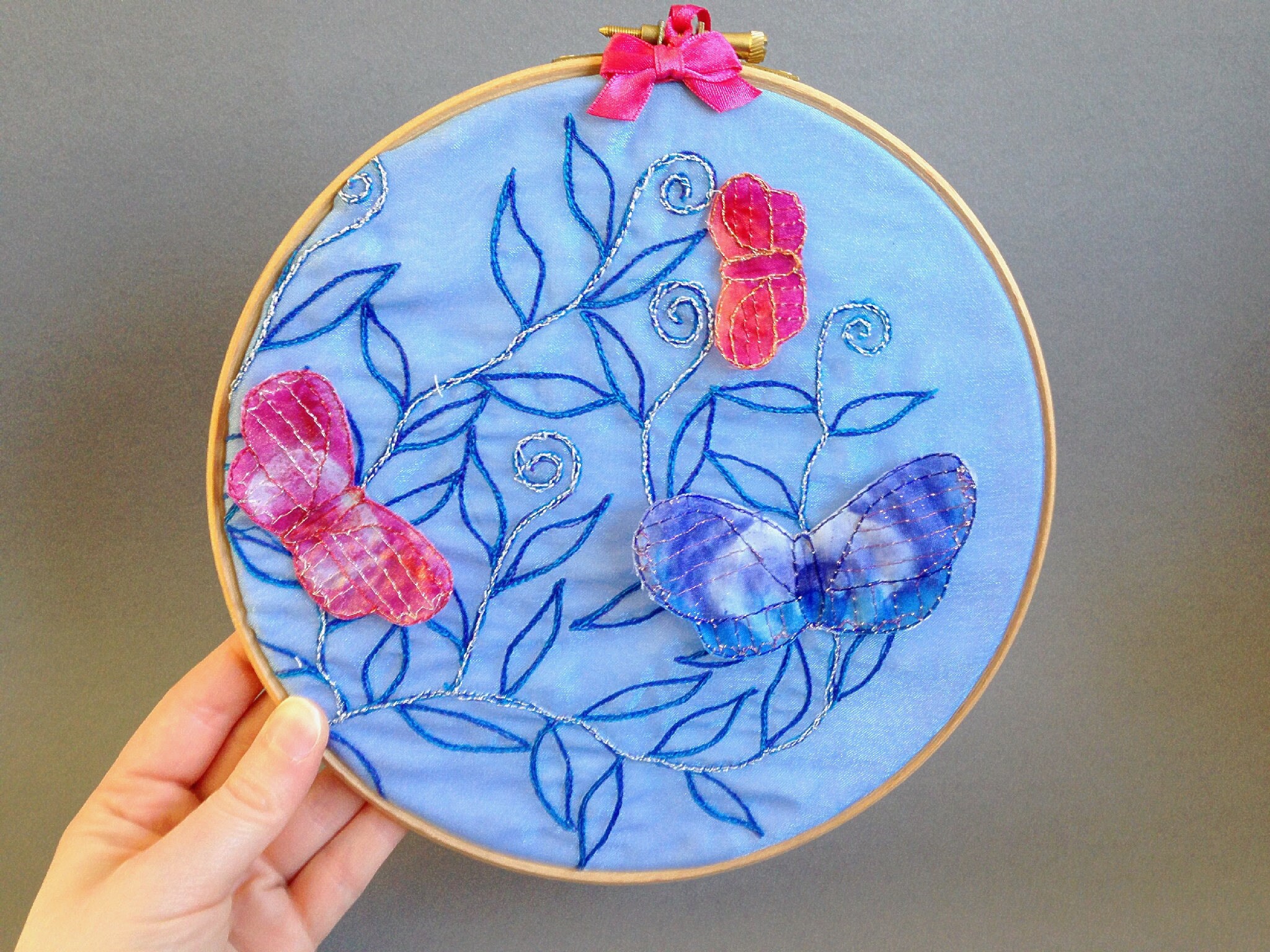 Embroidered butterflies in a wooden hoop 3d home decor pink | Etsy