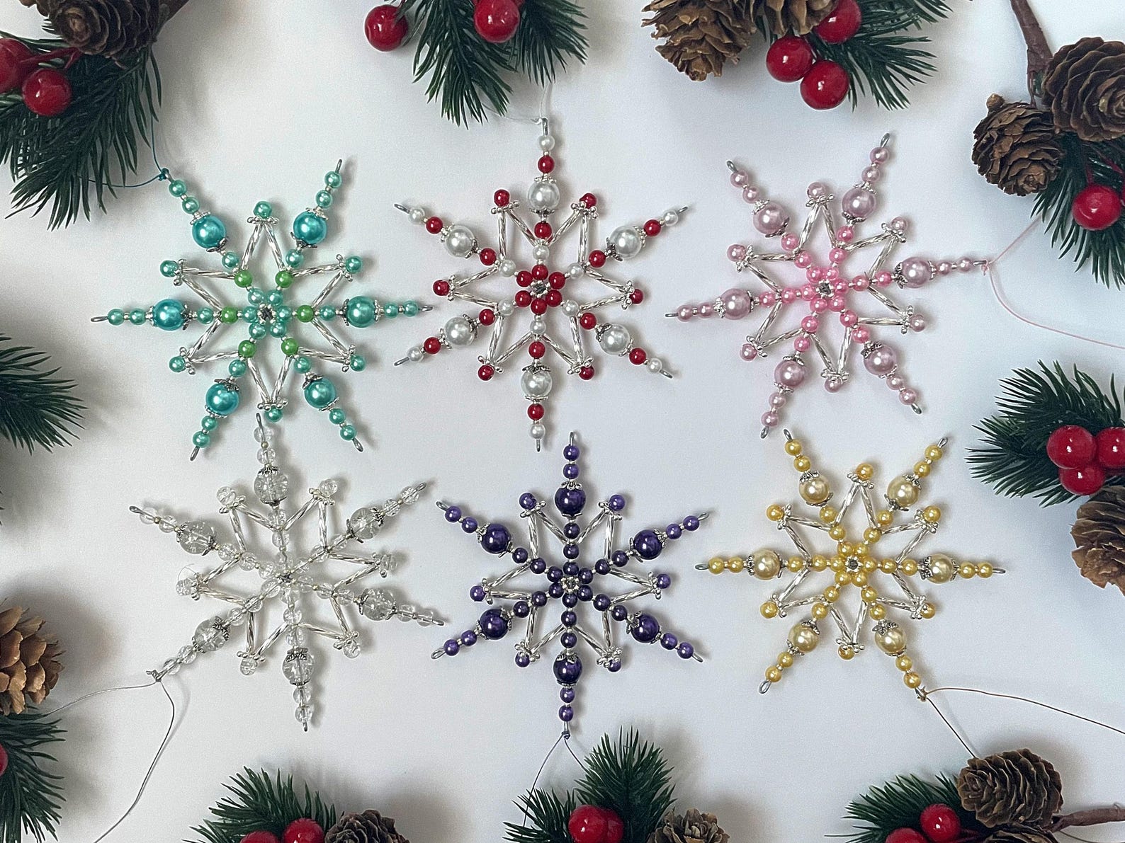 Wire Snowflake Christmas Tree Decoration, Small Handmade Xmas Beaded ...