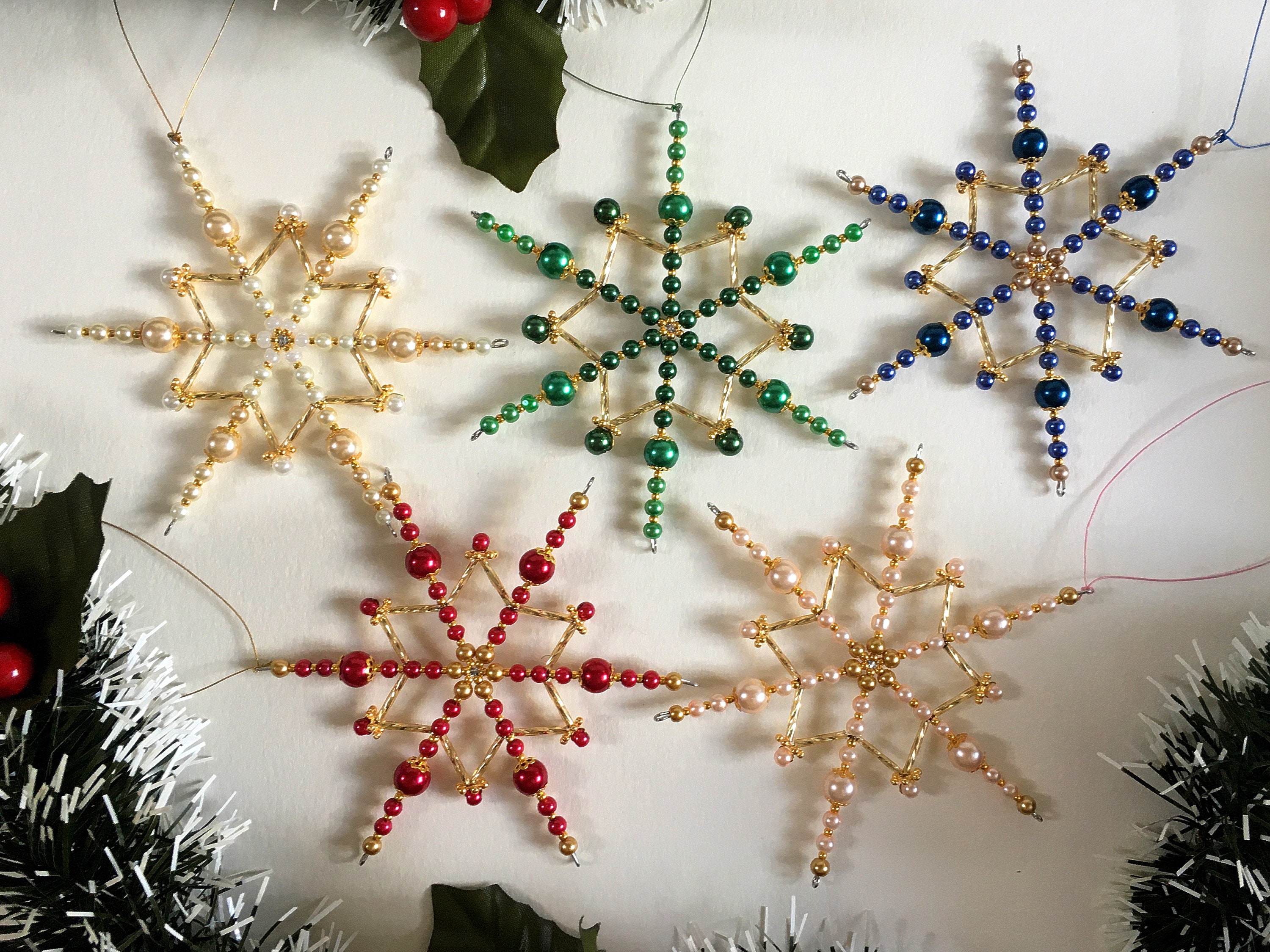 Wire Snowflake Christmas Tree Decorations, Handmade Gold Xmas Beaded ...