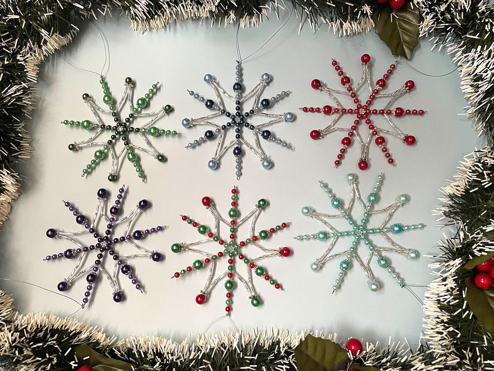 Wire Snowflake Christmas Tree Decoration, Handmade Silver Xmas Beaded ...