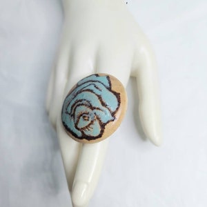 Bohemian Floral Blue Rose Handmade Wood Dome Adjustable Statement Ring ...