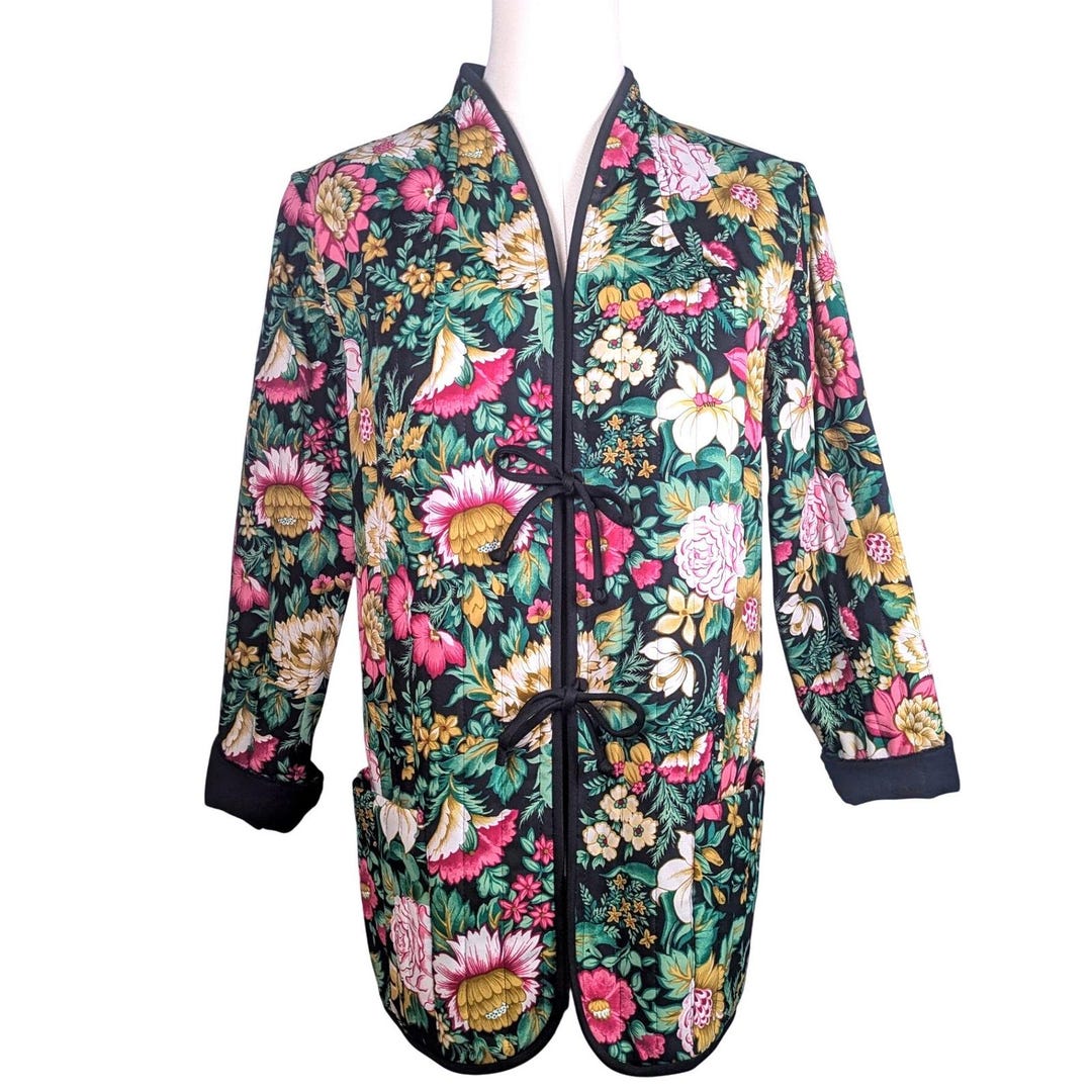 70s Dark Floral Quilted Tie Front Jacket Women's Vintage Cotton Cottage ...