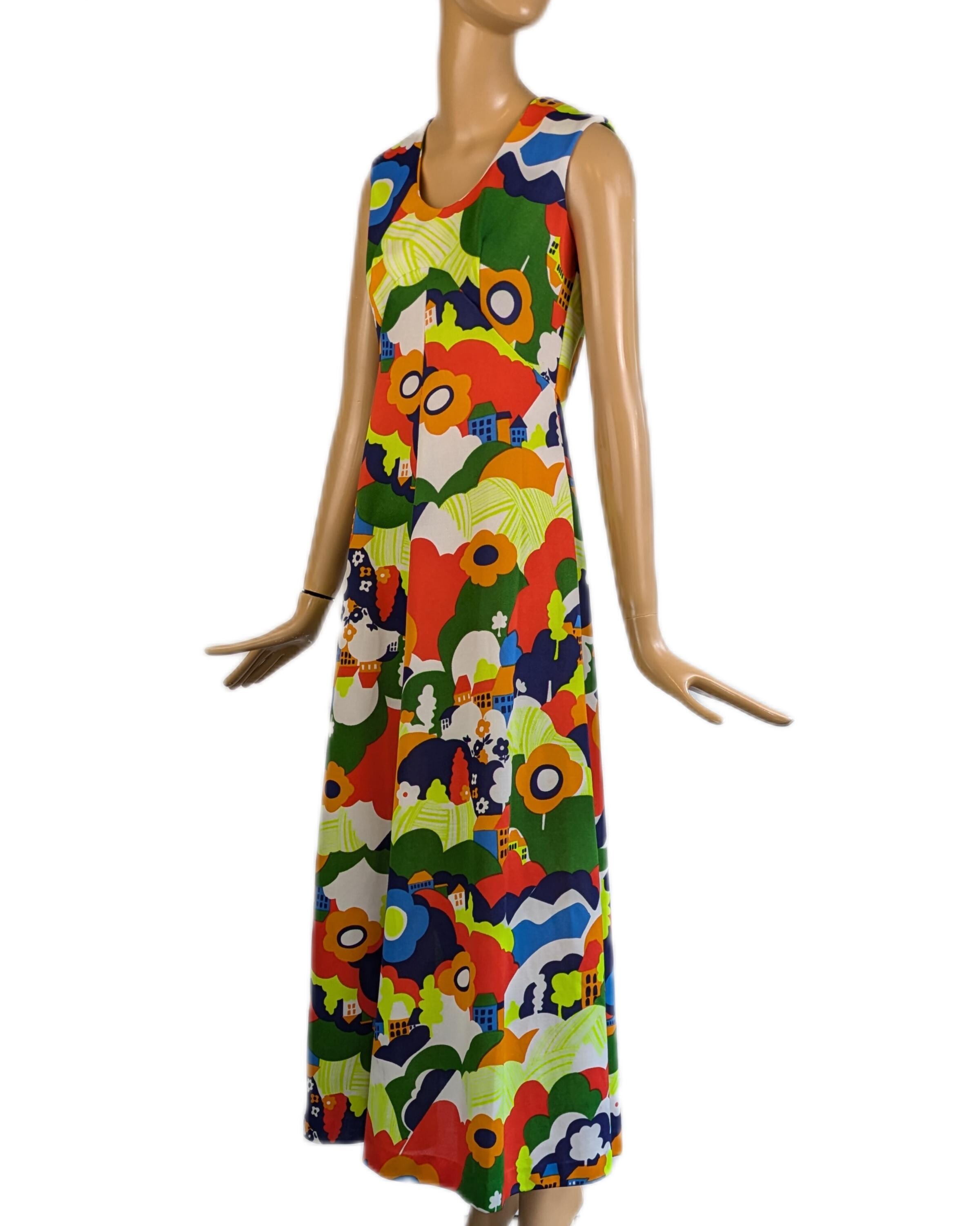 1960s Neon Psychedelic Pop-art Print Maxi Dress Day-glo Vintage Dress ...