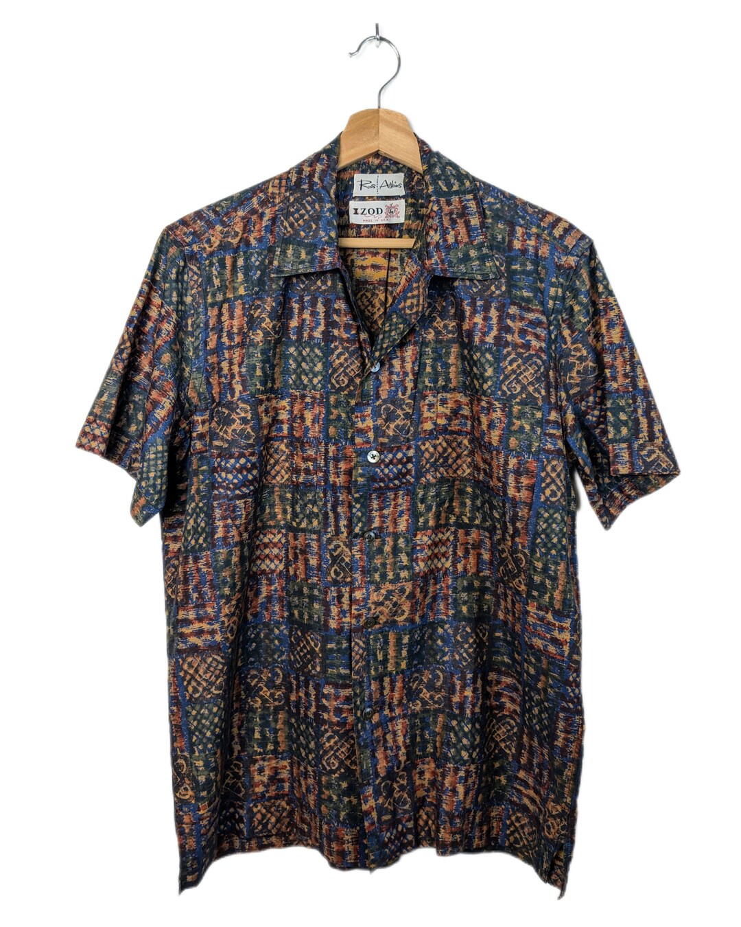 Roos Atkins 1960s Silk Hawaiian Tribal Print Mad Men Style Button Down ...