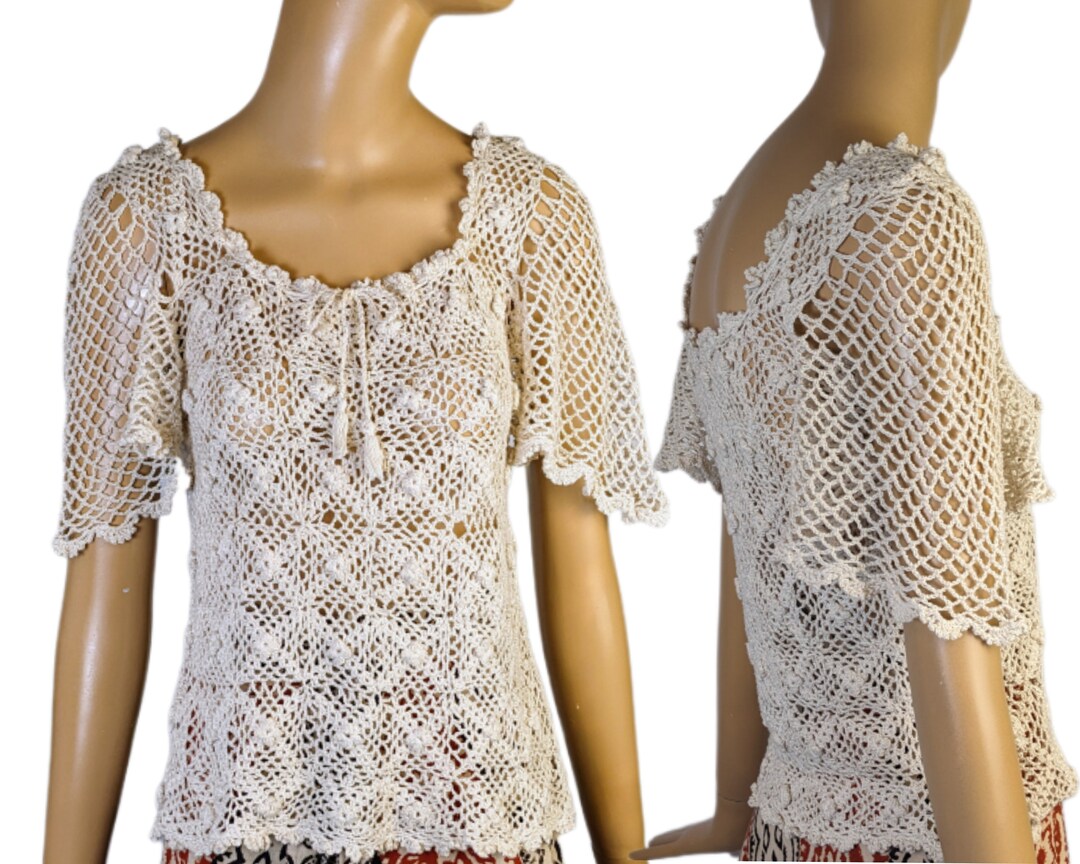 1970s Cream Crochet Angel Sleeve Hand Knit Top Vintage Flutter Sleeve ...