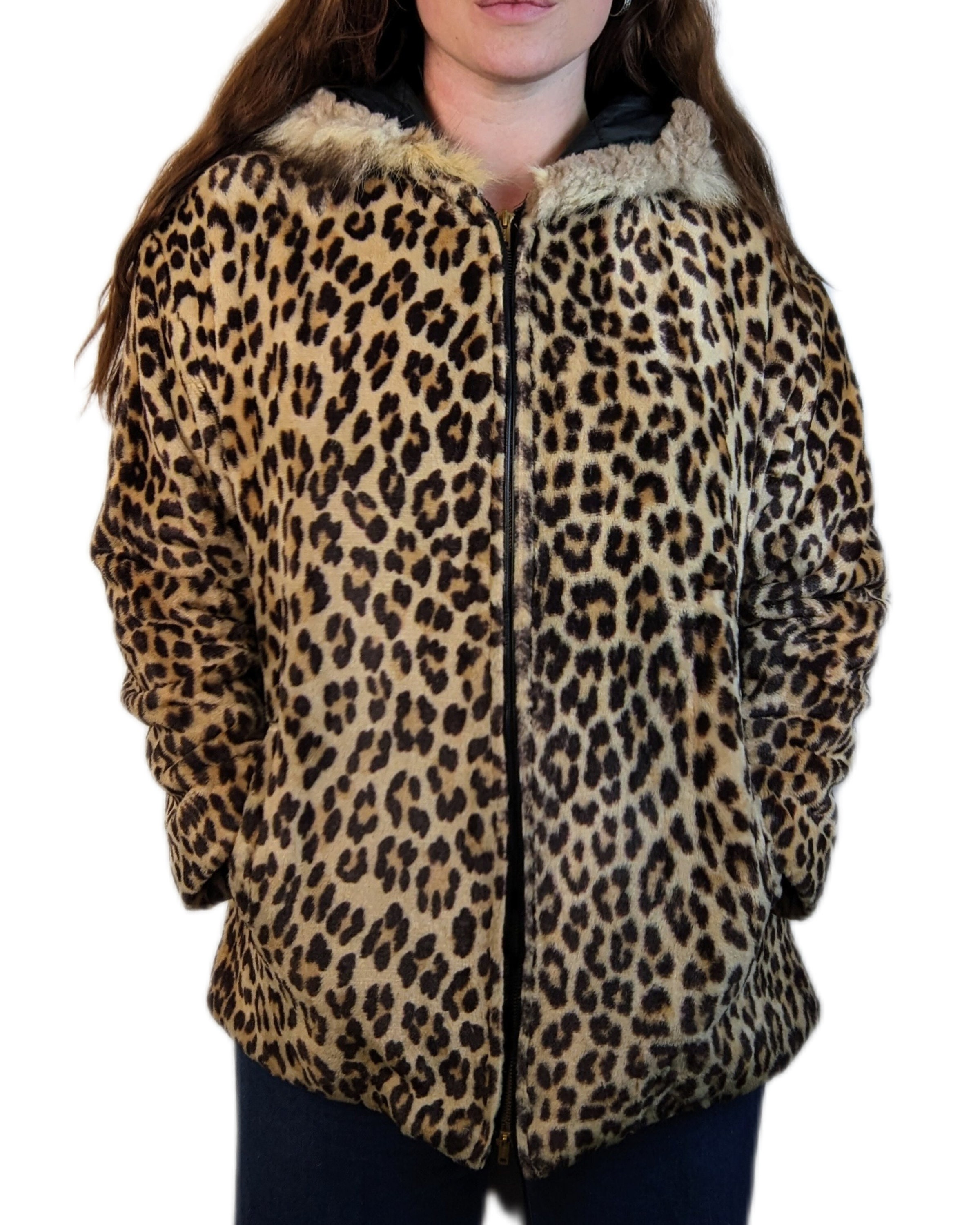 White Stag 60s Cheetah Print Zip Front Jacket Fur Lined Hood Vintage ...
