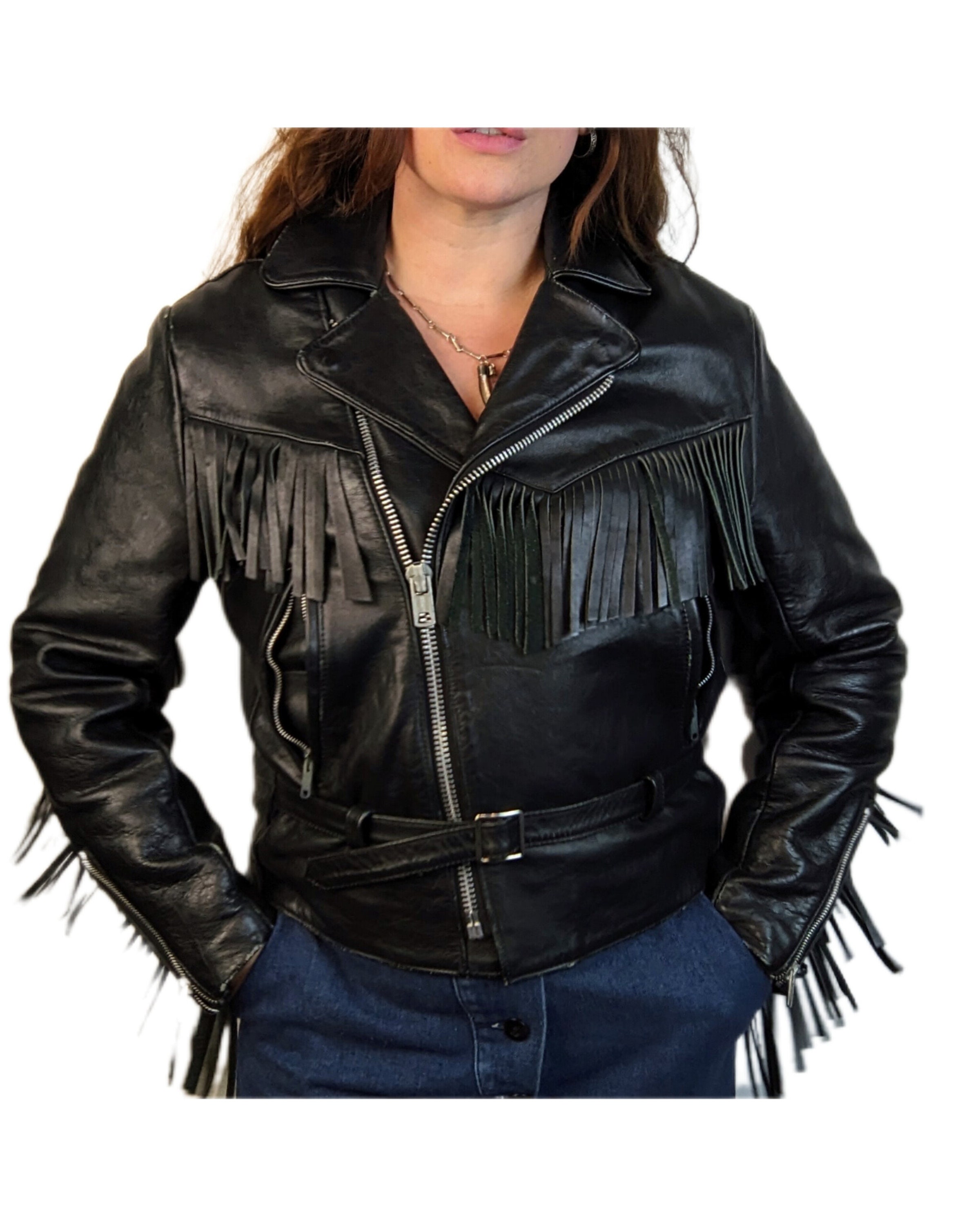 1980s Vintage Black Leather Fringe Biker Jacket Waist Cinch 1980s Vintage Black Leather Fringe Biker Jacket Waist Cinch