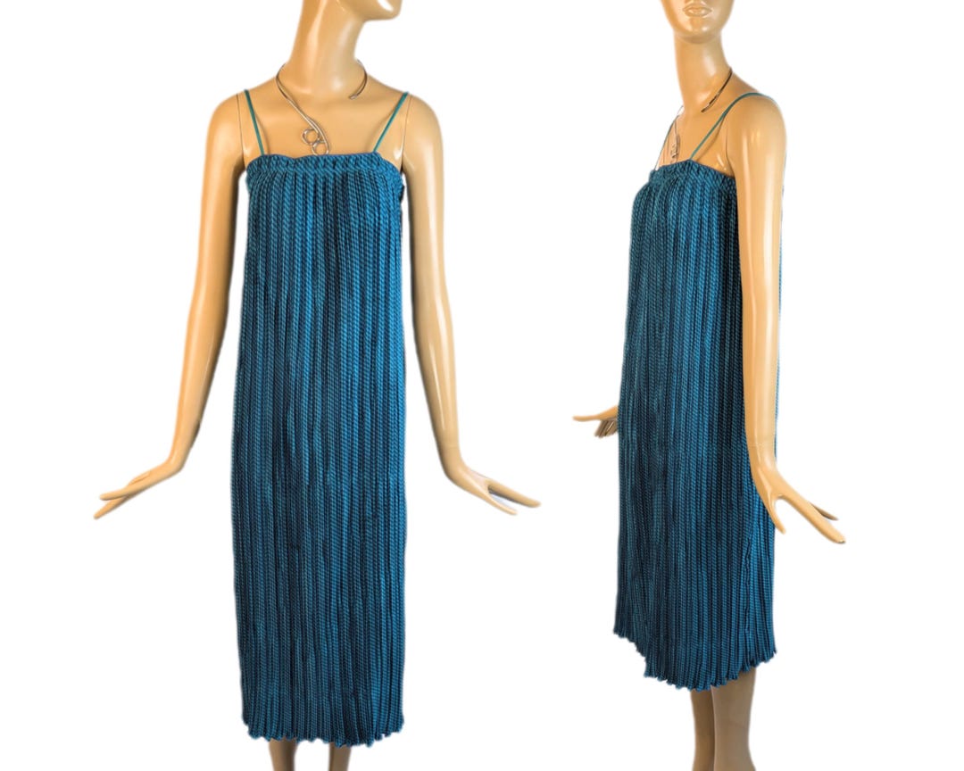 Vintage 1980s Designer Jeanne Marc Pleated Slipdress Teal Blue Column ...