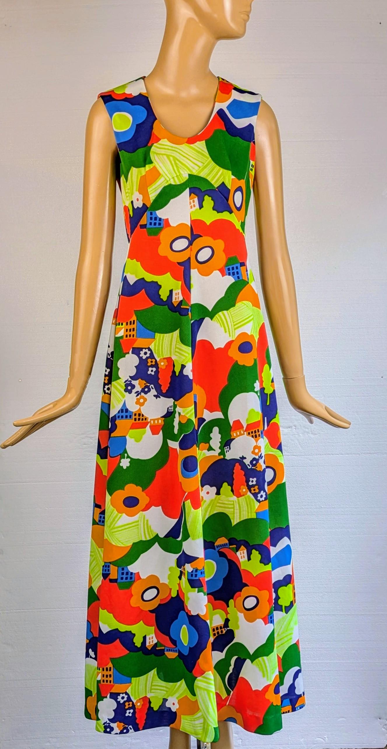 1960s Neon Psychedelic Pop-art Print Maxi Dress Day-glo Vintage Dress ...