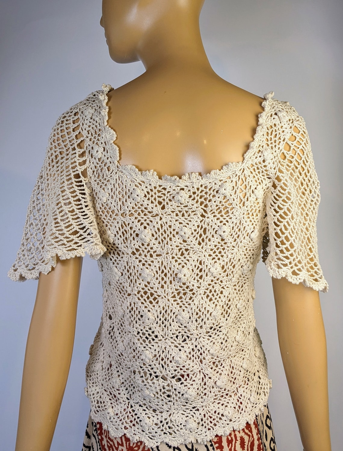 1970s Cream Crochet Angel Sleeve Hand Knit Top Vintage Flutter Sleeve ...