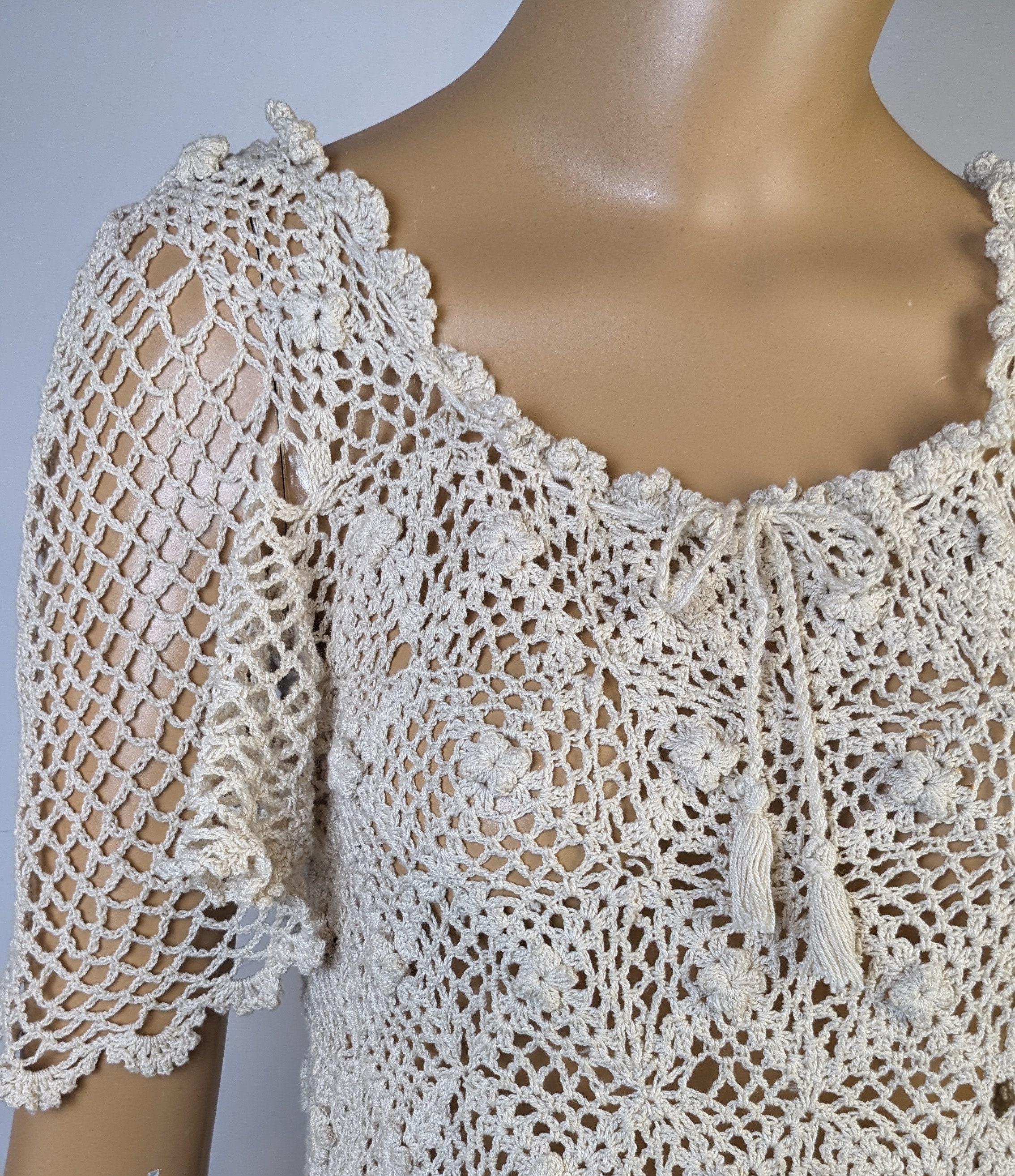 1970s Cream Crochet Angel Sleeve Hand Knit Top Vintage Flutter Sleeve ...