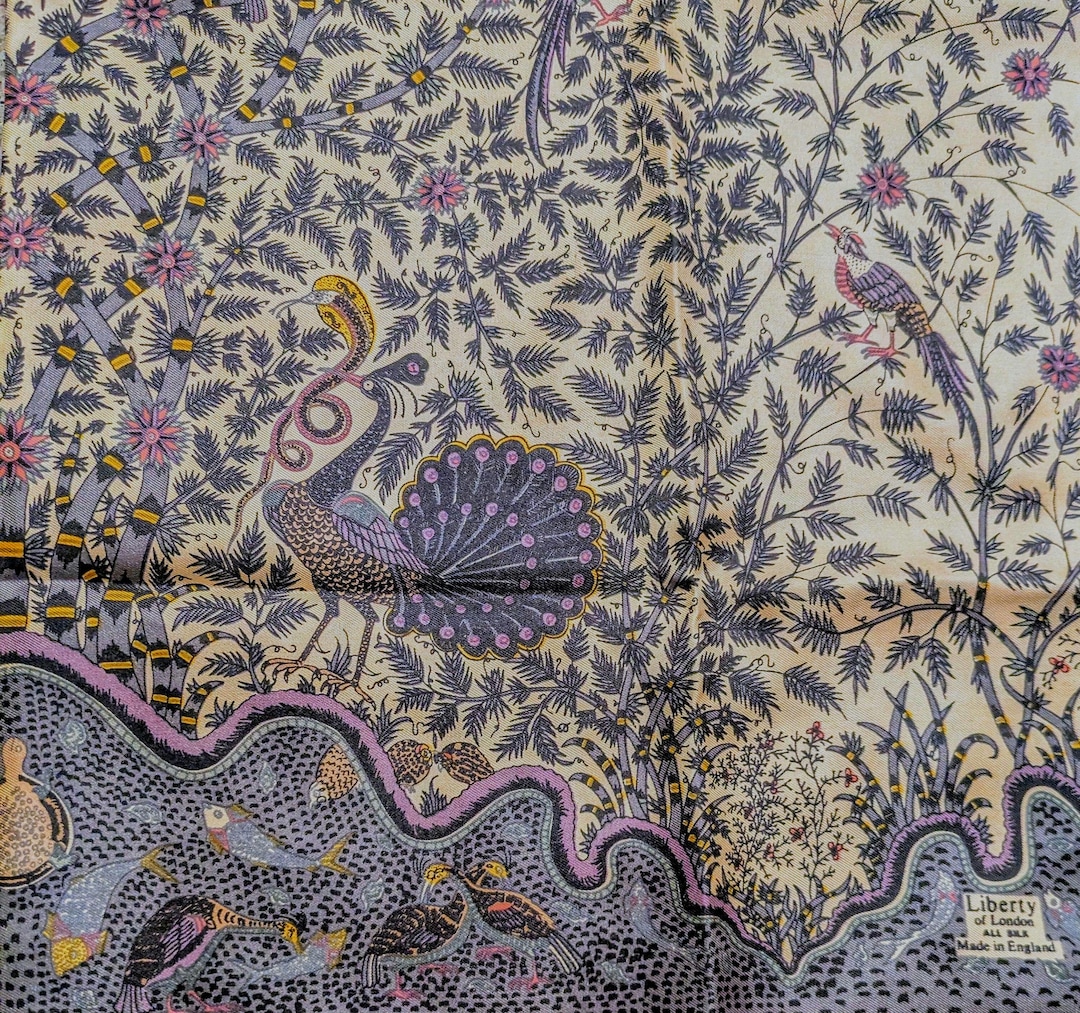 Vintage 70s Liberty London Silk Hand Rolled Scarf Peacocks and Snakes ...