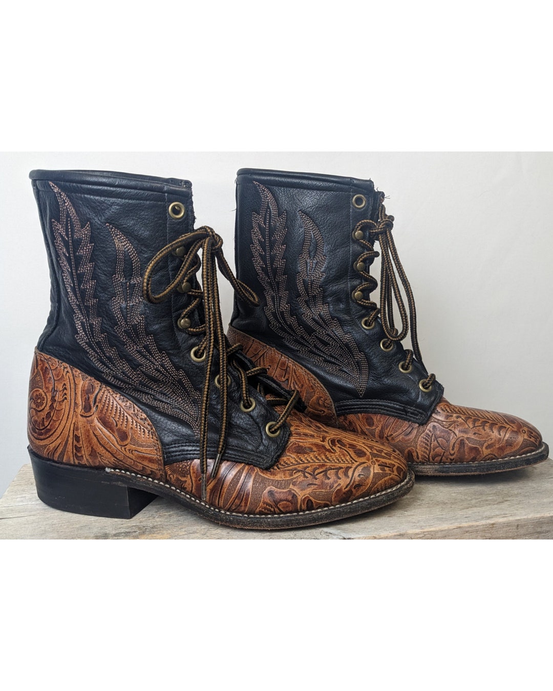 Larry Mahan Leather Embossed Western Roper Boots Vintage 90s Lace up ...