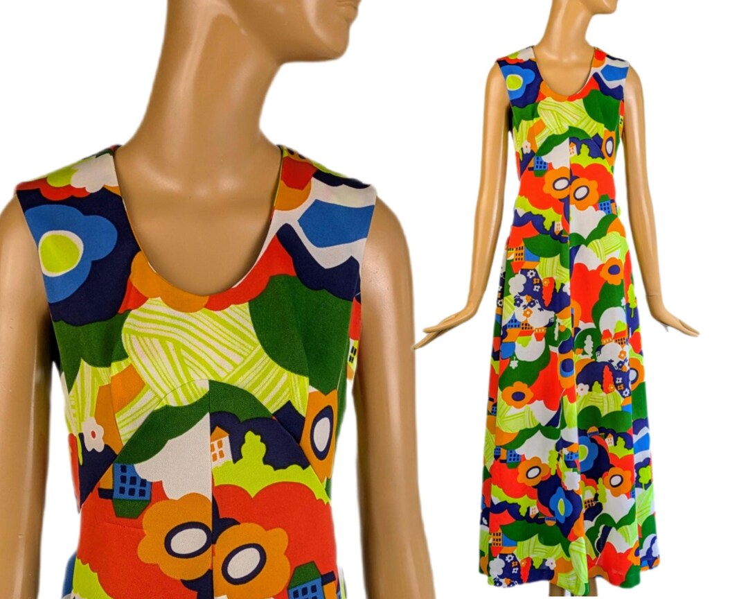 1960s Neon Psychedelic Pop-art Print Maxi Dress Day-glo Vintage Dress ...