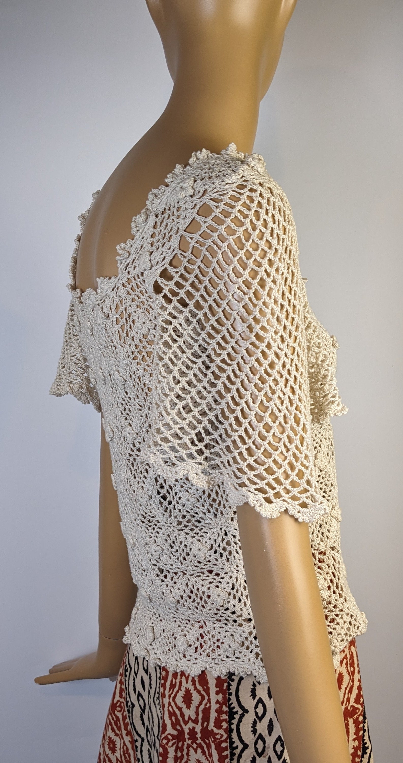 1970s Cream Crochet Angel Sleeve Hand Knit Top Vintage Flutter Sleeve ...
