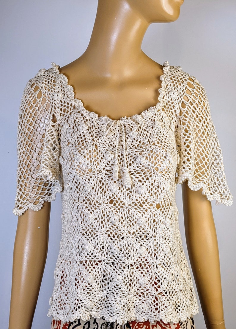 1970s Cream Crochet Angel Sleeve Hand Knit Top Vintage Flutter Sleeve ...