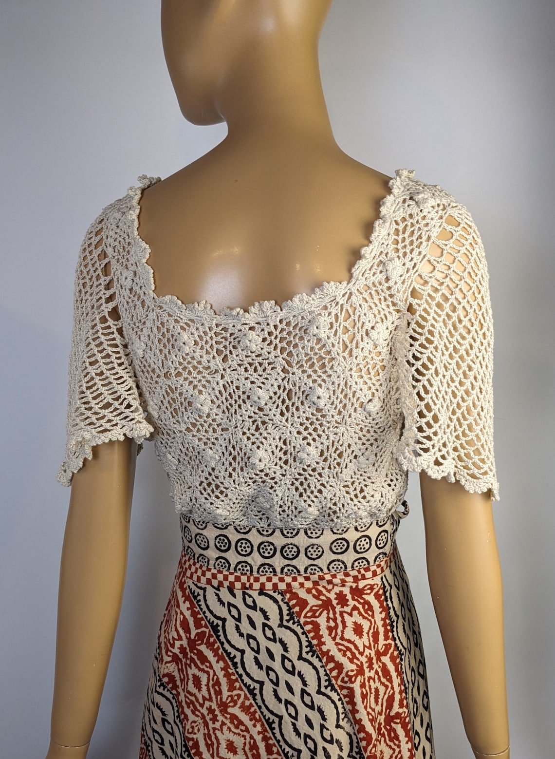 1970s Cream Crochet Angel Sleeve Hand Knit Top Vintage Flutter Sleeve ...