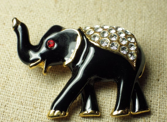 1970s Vintage Elephant Pin Brooch Black Enamel Rhines… - Gem
