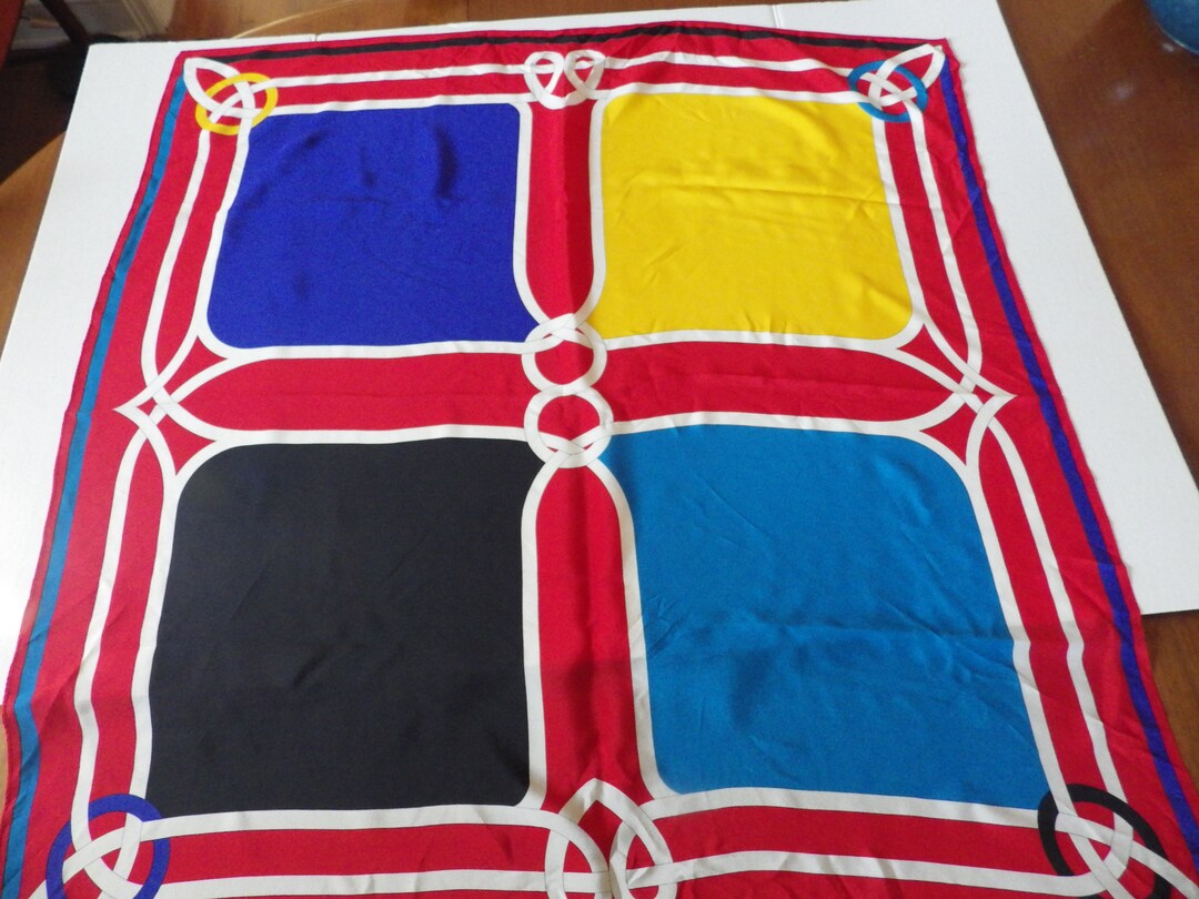 Vintage 1980s Ginnie Johansen Silk Scarf/ Rolled Hem/ Color Block/ 38 ...