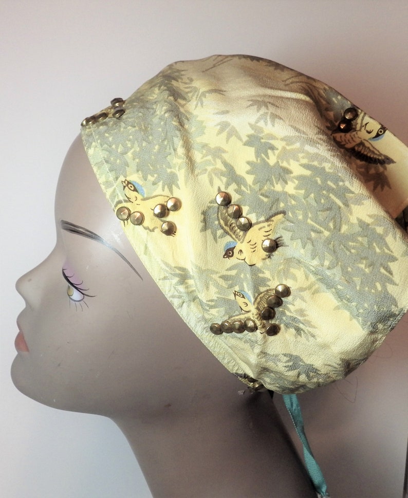 Vintage Head Scarf Yellow Silk Triangle With Ties Birds and Metal Studs ...