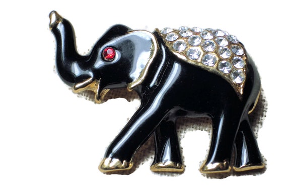 1970s Vintage Elephant Pin Brooch Black Enamel Rhines… - Gem