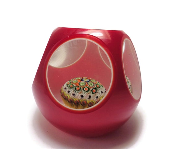 Double Overlay Glass Paperweight Red White Clear Millefiori | Etsy