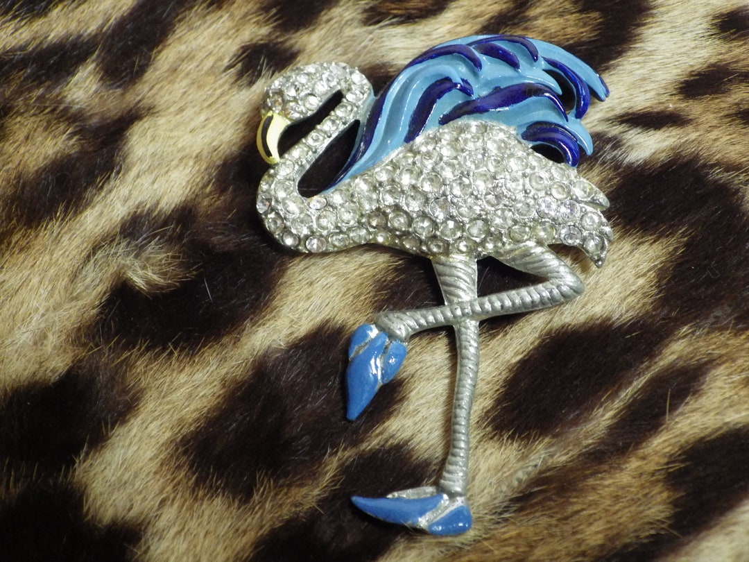 1930s Rhinestone Flamingo Fur Clip – Blue Enameled Figural Bird Brooch ...