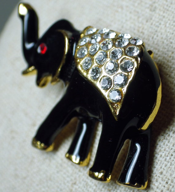 1970s Vintage Elephant Pin Brooch Black Enamel Rhines… - Gem