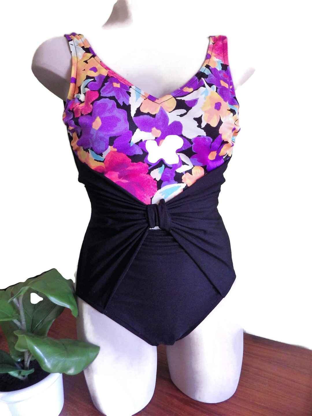 1990s Vintage Bathing Suit Swimsuit Robby Len Swim Fashion Black and ...