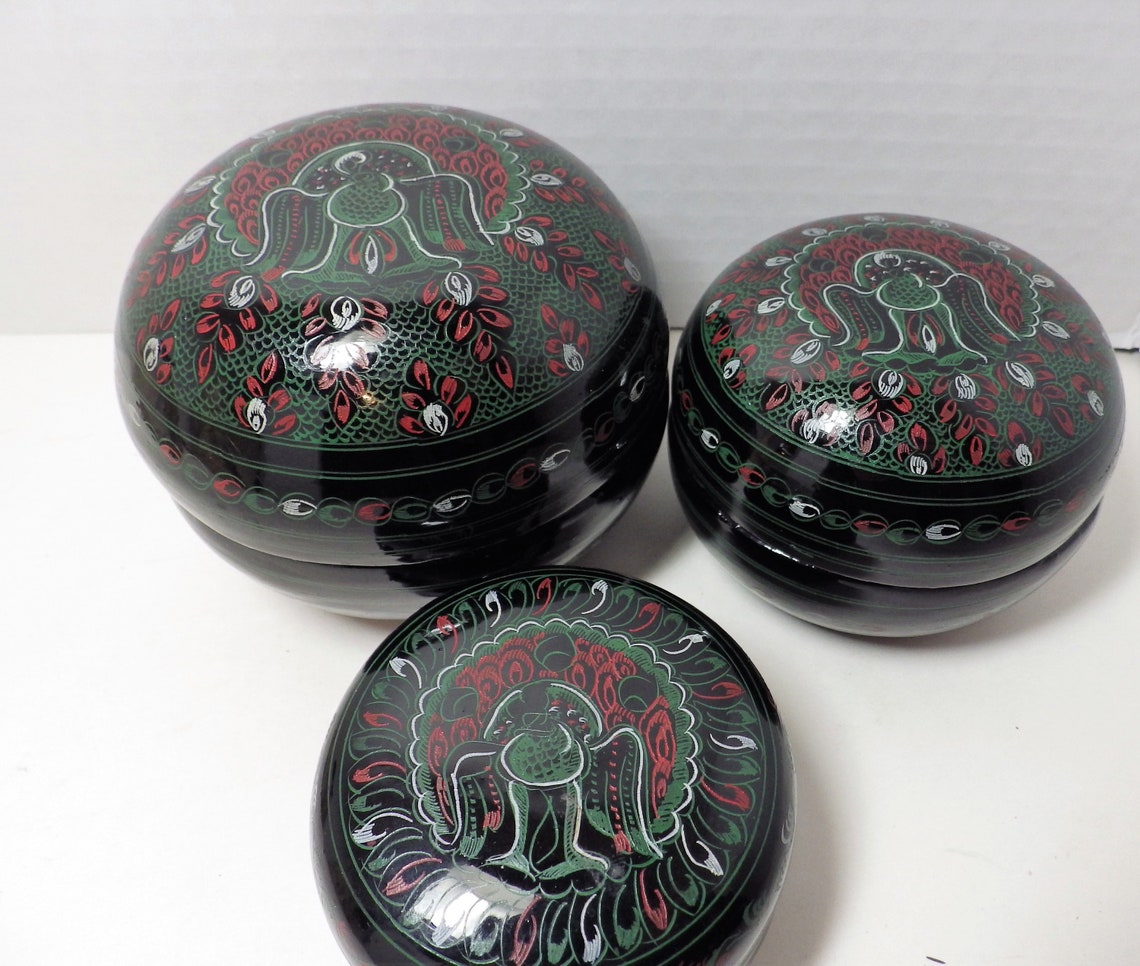 3 Vintage Nesting Boxes Round Hand Painted Lacquered | Etsy