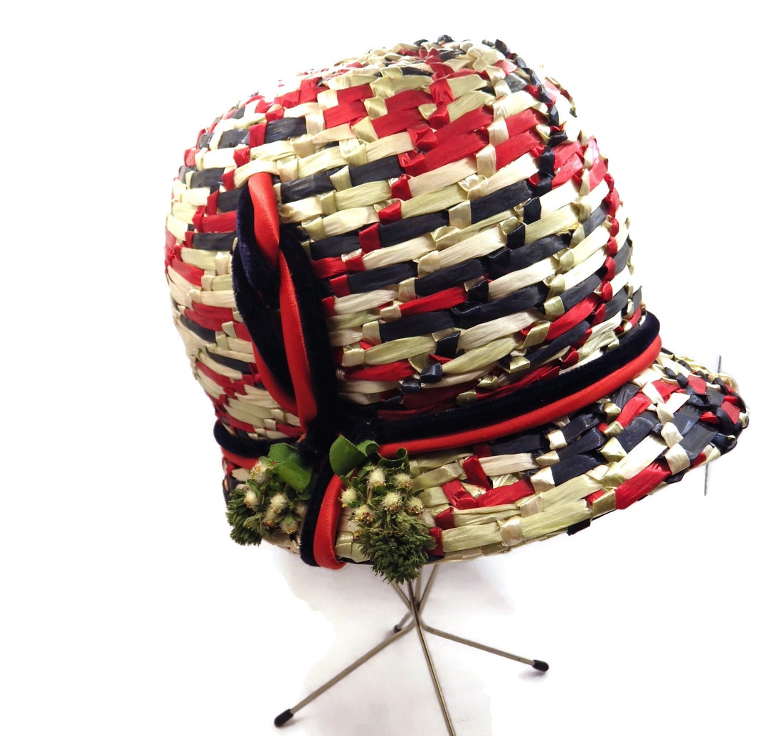 1960s Raffia Straw Cloche Hat/ Red/ White/ Blue/ Kutz/ Nanette Chapeau ...