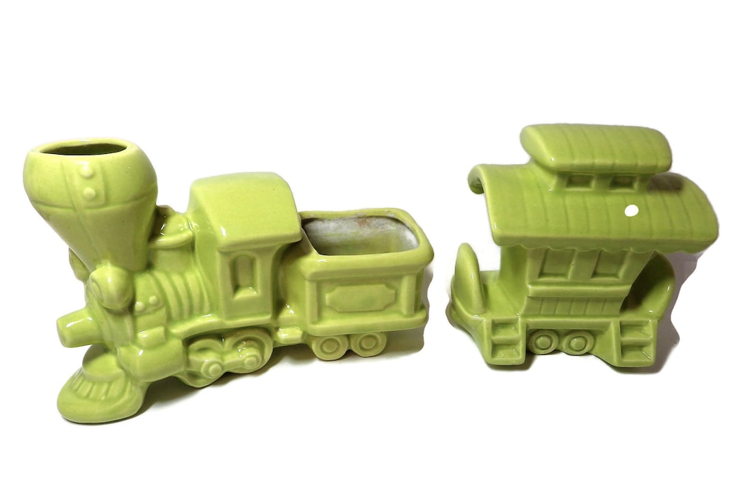 1960s Vintage USA Pottery Train Planter Engine and Caboose Lime Green ...
